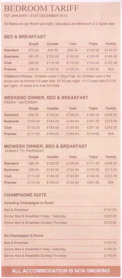 Chester Tourist - The Mill Hotel Tariffs